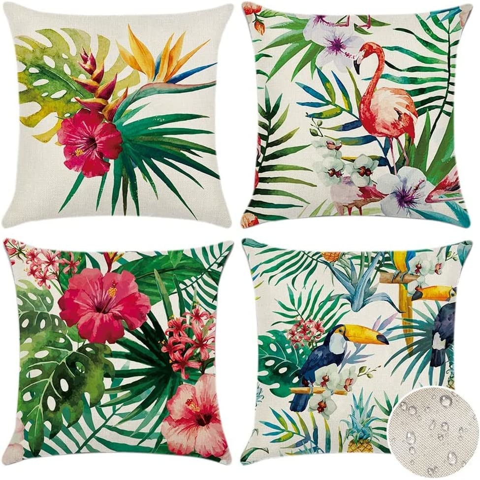 Калъфка за външна възглавница комплект от 4 тропически растения и шарка на цветя и птици