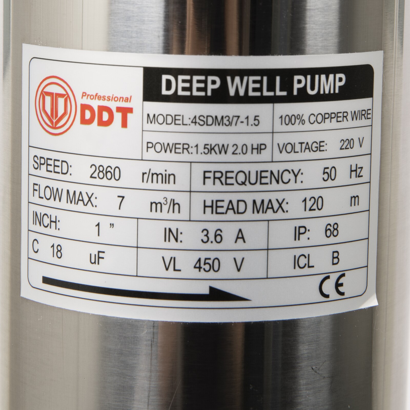 Pompa submersibila de mare adancime, DDT, 4SDM3-7, 1500 W, 7 m³/h, 7 ... Pompa submersibila de mare adancime, DDT, 4SDM3-7, 1500 W, 7 m³/h, 7 ...