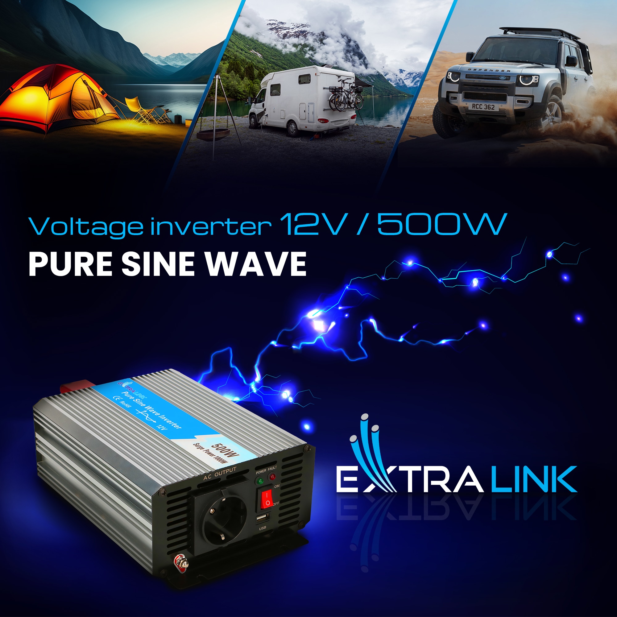 Convertor de tensiune, Extralink OPIP-500W, 12V - 230V, USB, Sinusul ...