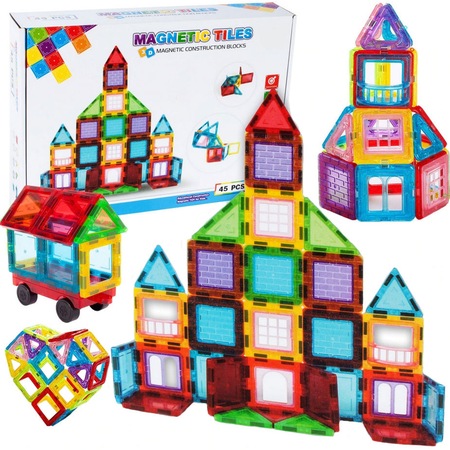 Set 45 piese magnetice de construit educational si creativ pentru copii ...