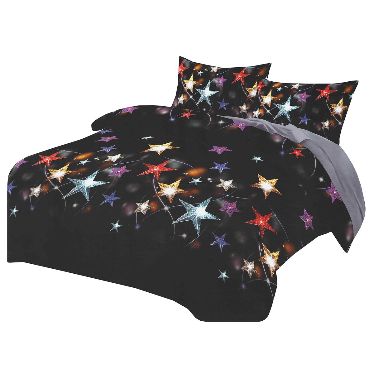Set lenjerie microfibra, 3 bucati, 160x200cm, Stele colorate, Negru/gri ...