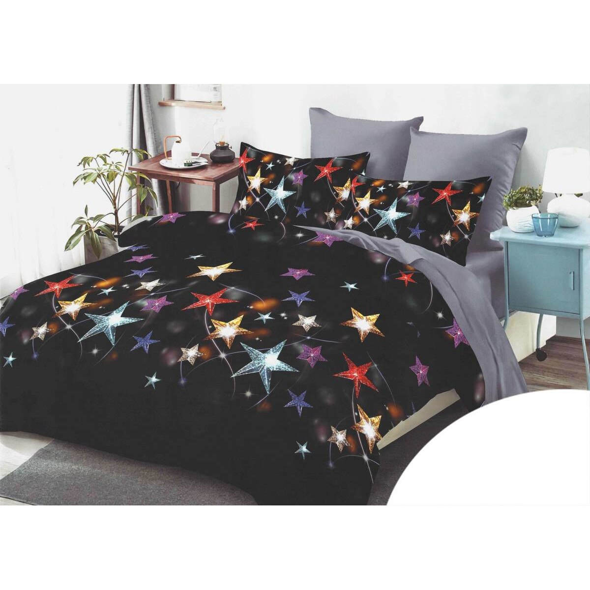 Set lenjerie microfibra, 3 bucati, 160x200cm, Stele colorate, Negru/gri ...