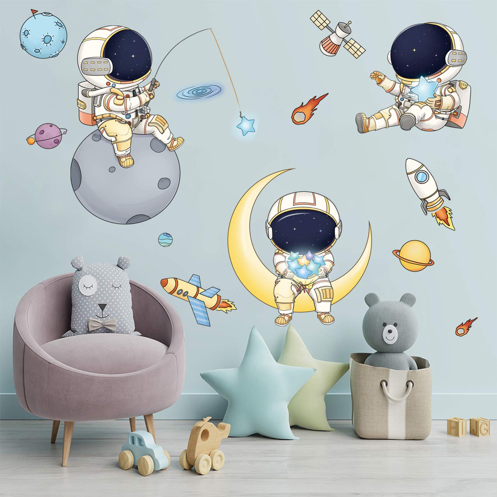 Sticker perete pentru copii, desenat manual, Astronaut, Nave Spatiale ...