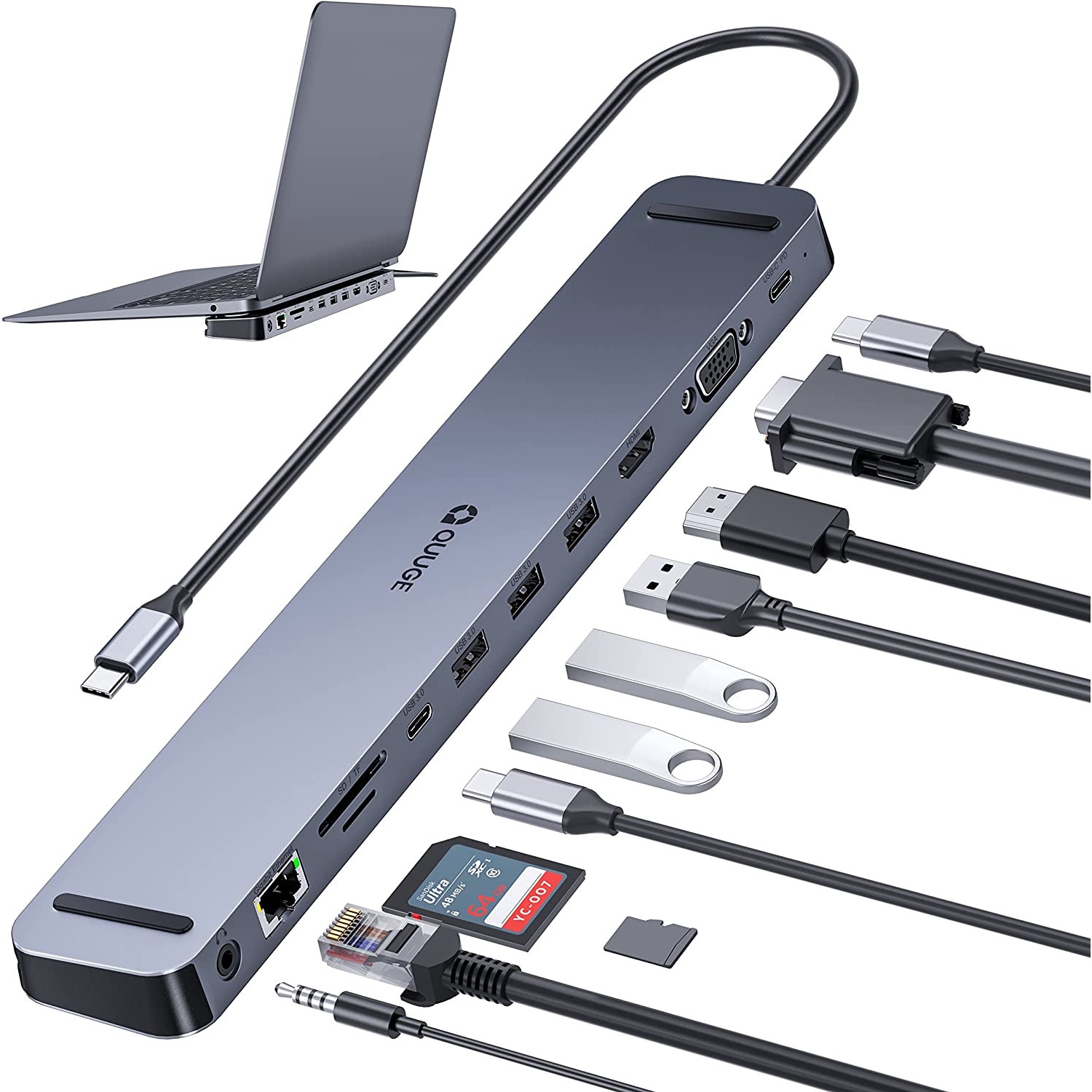 Hub USB C 11 in 1, Docking Station cu port USB C PD 100W, HDMI 4K si VGA Full HD, 3 porturi USB ...