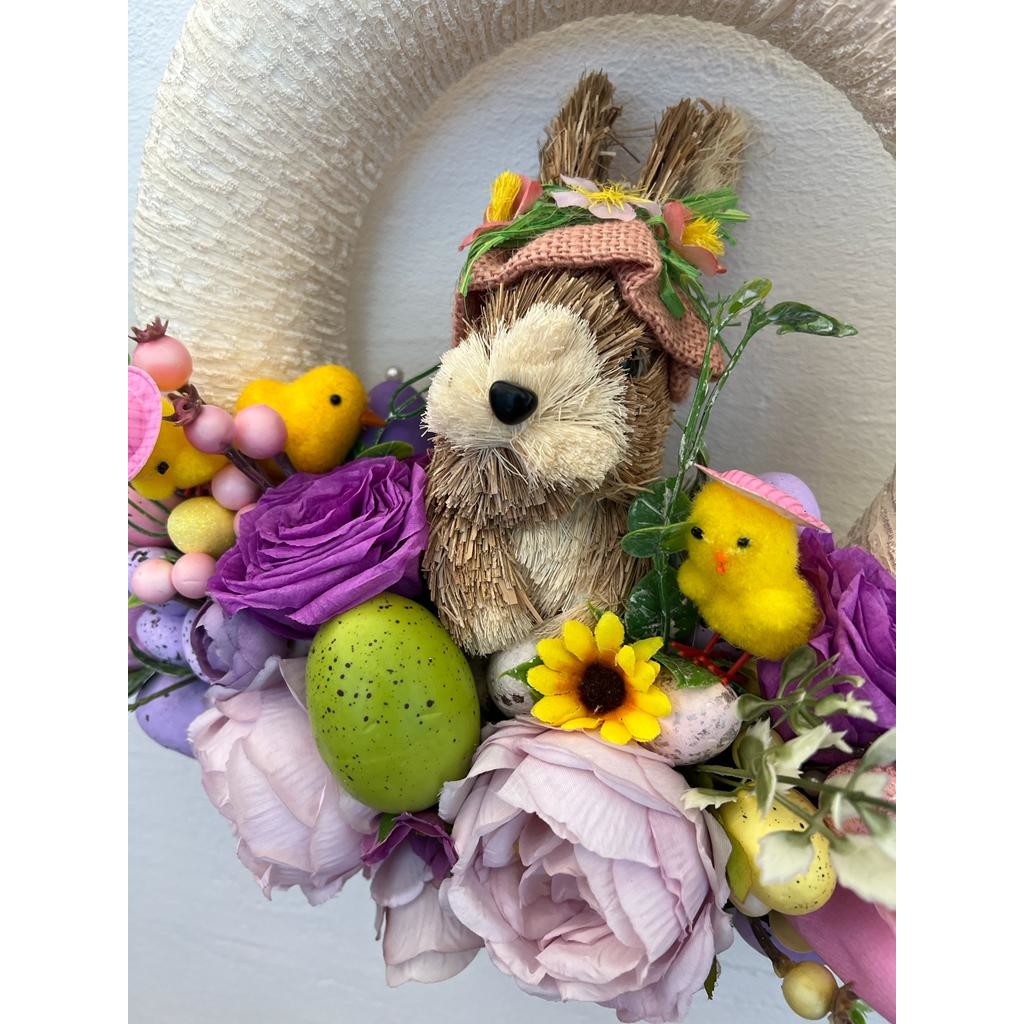 Coronita decorativa de Paste, figurine tematice, iepuras, oua, flori ...