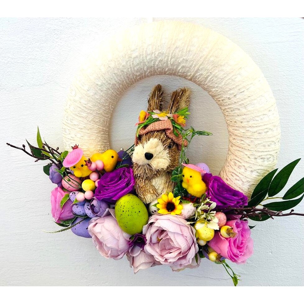 Coronita decorativa de Paste, figurine tematice, iepuras, oua, flori ...