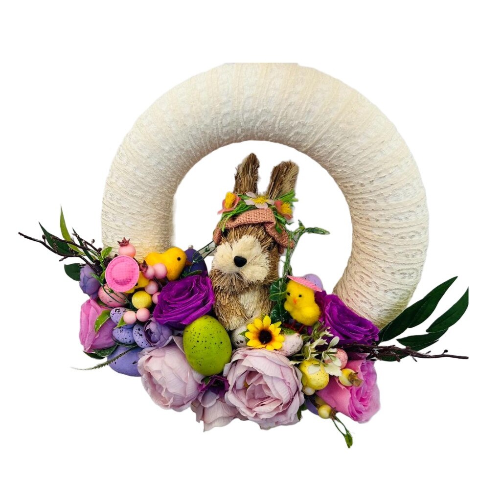 Coronita decorativa de Paste, figurine tematice, iepuras, oua, flori ...