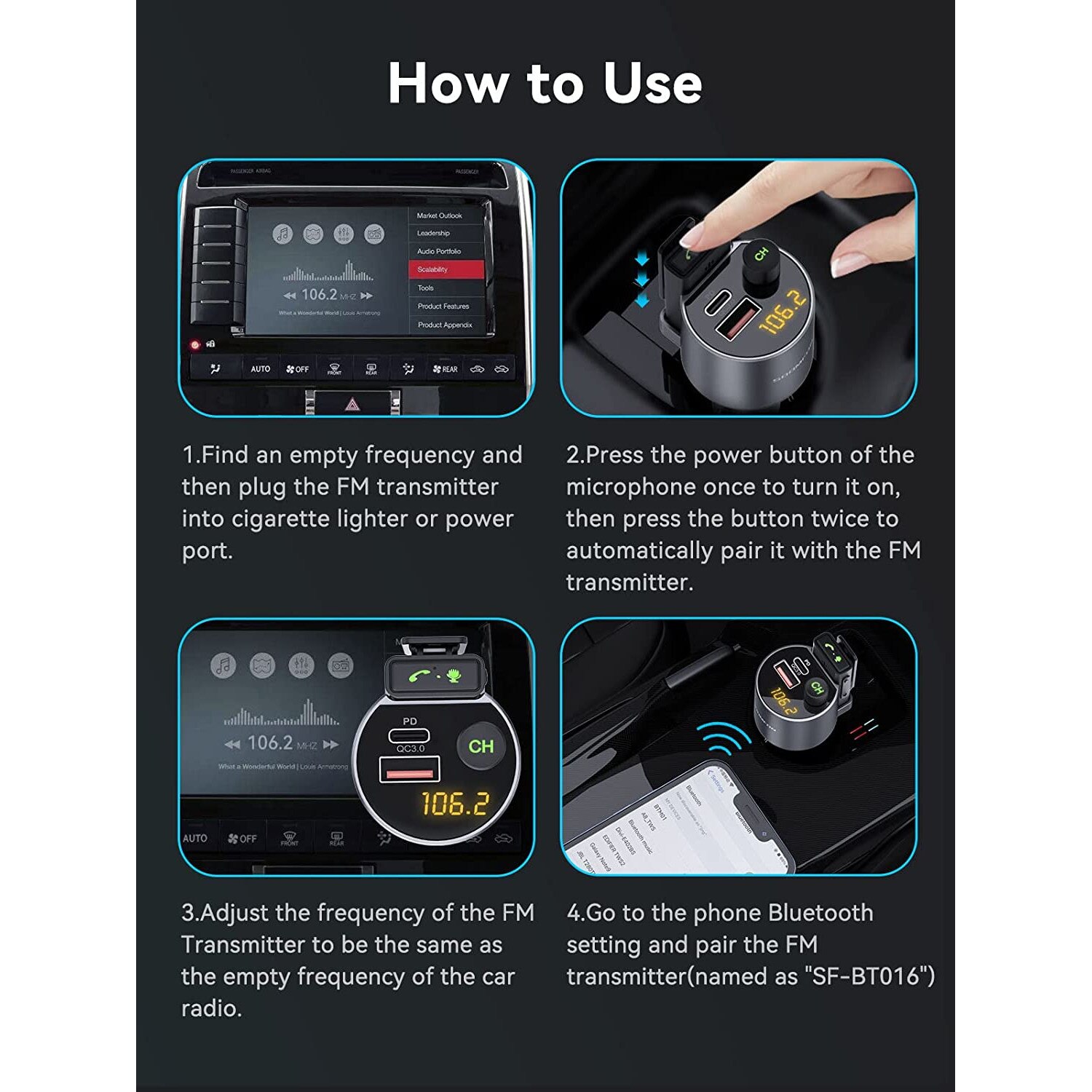 Modulator FM cu Bluetooth 5.1 cu microfon detasabil, cu port USB C PD ...