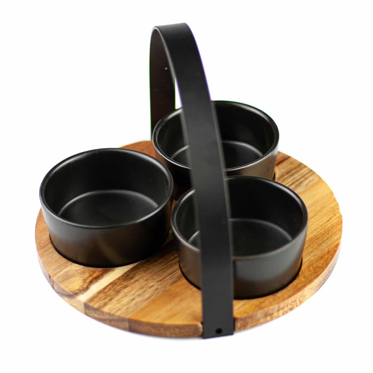 Set 3 boluri ceramice pentru aperitive pe suport din lemn de acacia ...