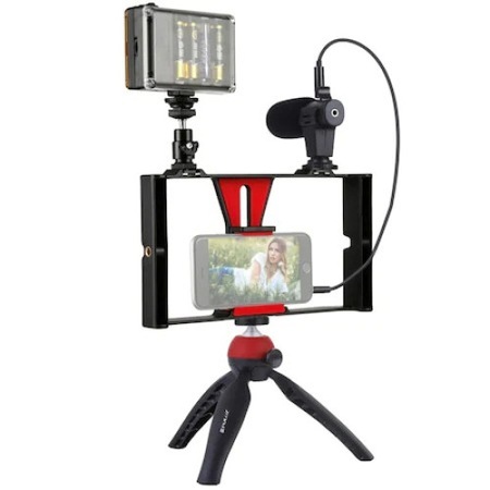 Set filmare video pentru Telefon, Trepied, Lampa Led, Microfon, Rosu ...