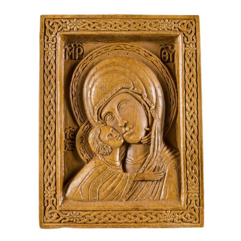 Icoana sculptata, Ceara albine/Mastic, Fecioara Maria si Pruncul, 14 x ...