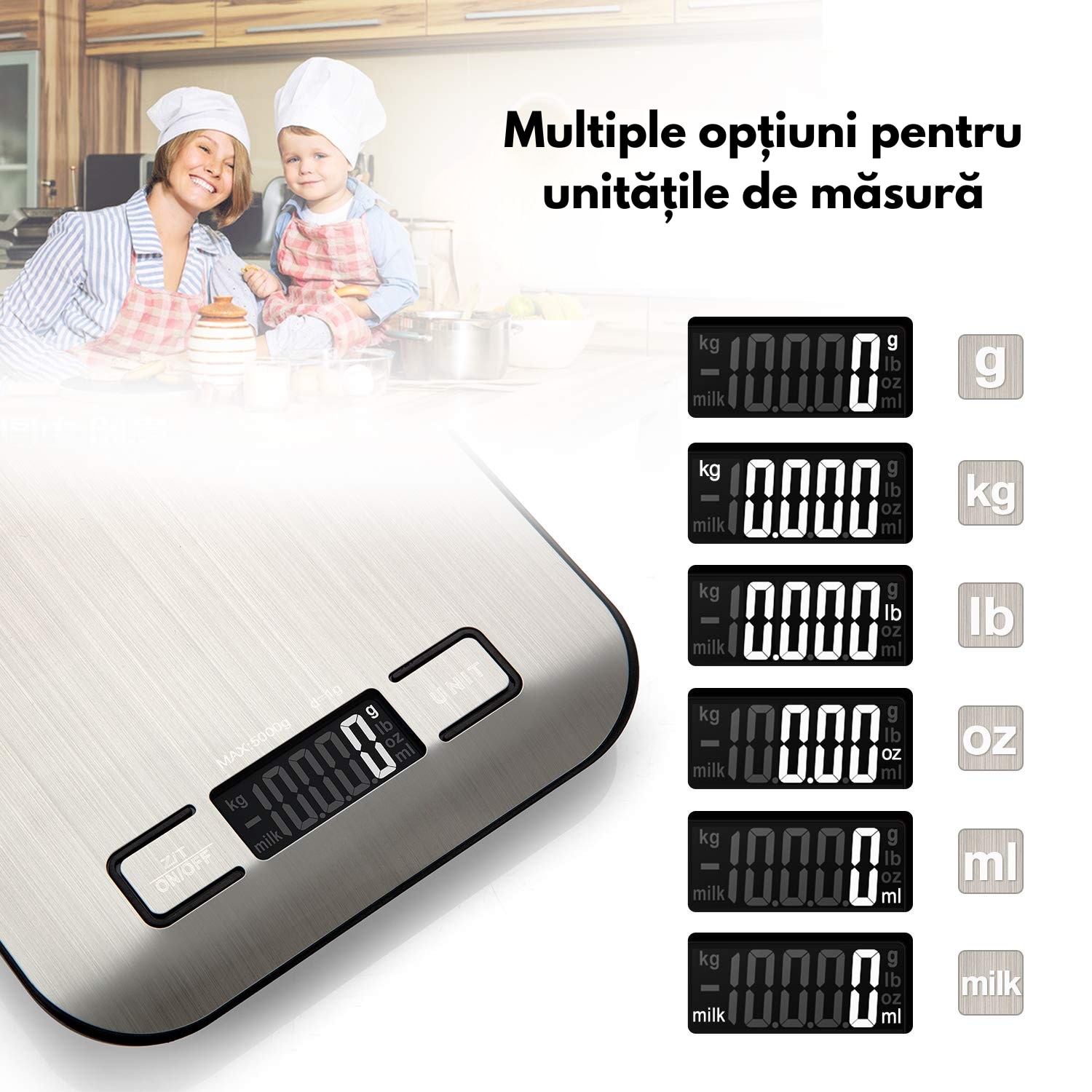Cantar bucatarie digital, Bukate, ecran LED, multiple unitati de masura, capacitate 5 kg ...
