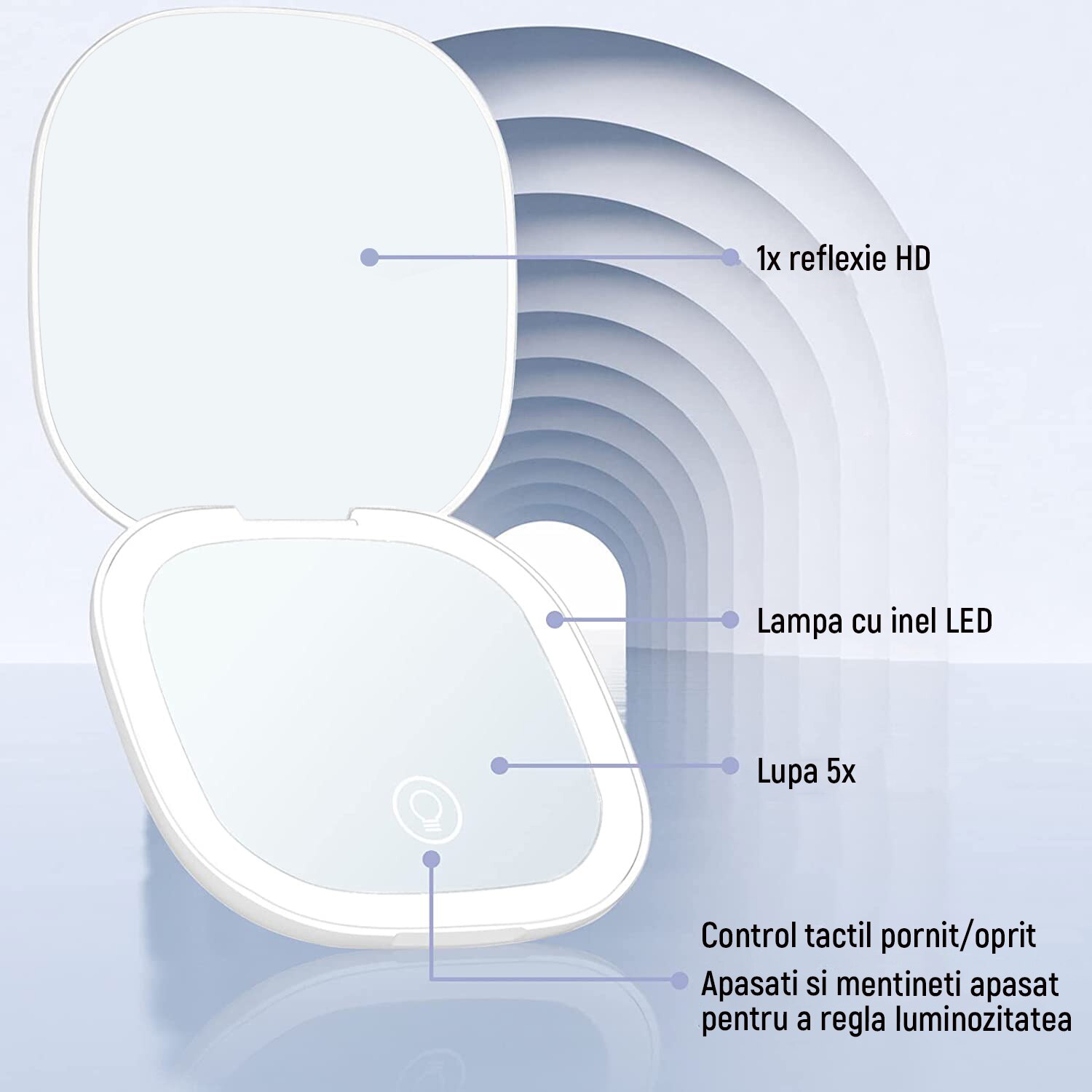 Oglinda cosmetica led mini, magnificare 5X, touch switch, 2 fete ...