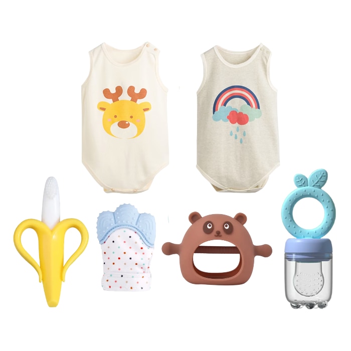 Set 6 piese, 2 body-uri scurte din bumbac organic 90 cm, manusa ...