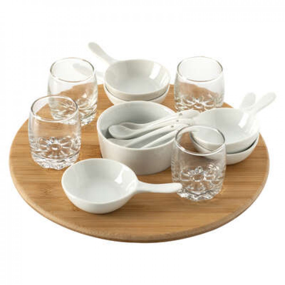 Set 14 piese pentru servire aperitive, pe suport din lemn de bambus ...