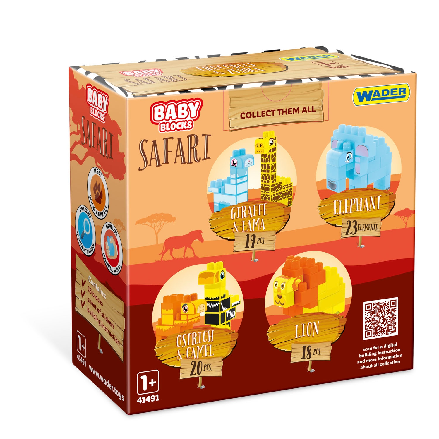 Set de contructie, Wader, Safari, Model Animale, 20 Cuburi, +1an ...