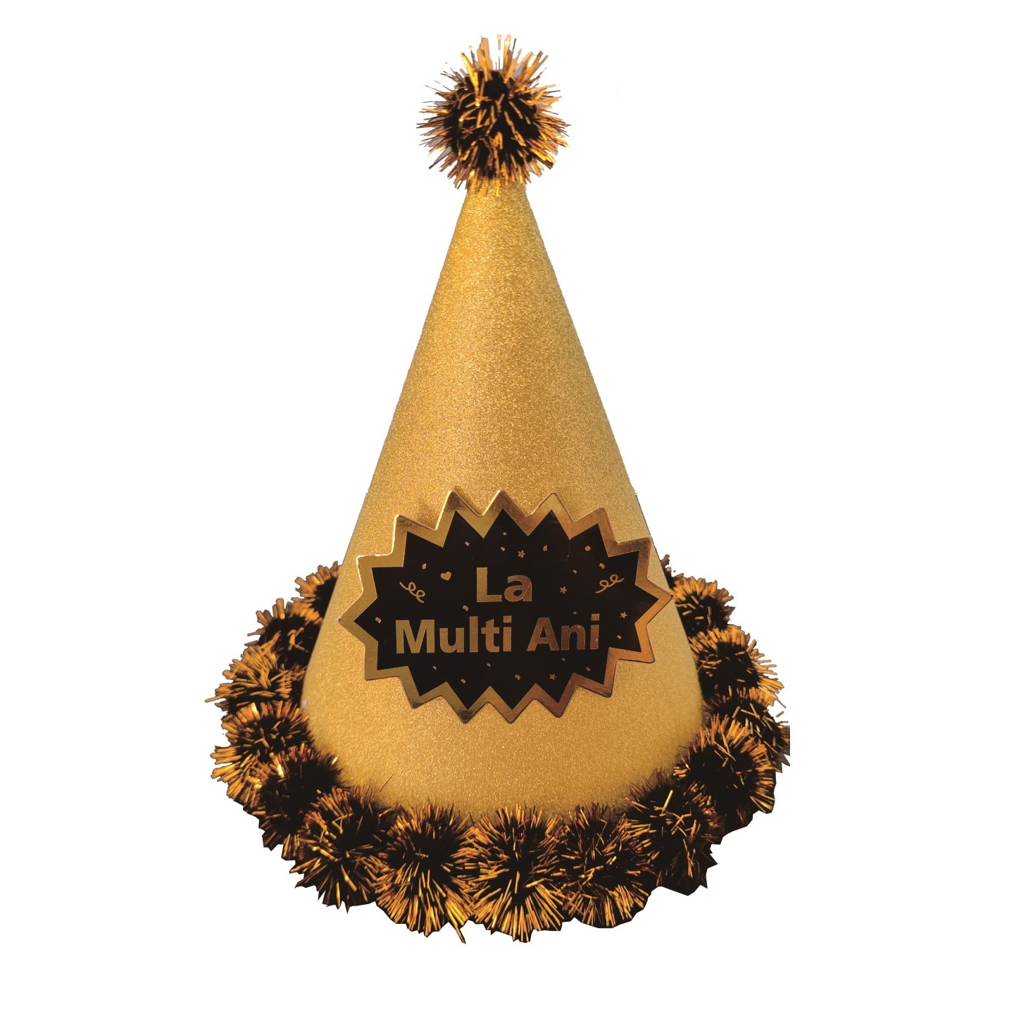 Coif pentru Petrecere, 24 cm, Auriu, cu beteala si mot, La multi ani ...