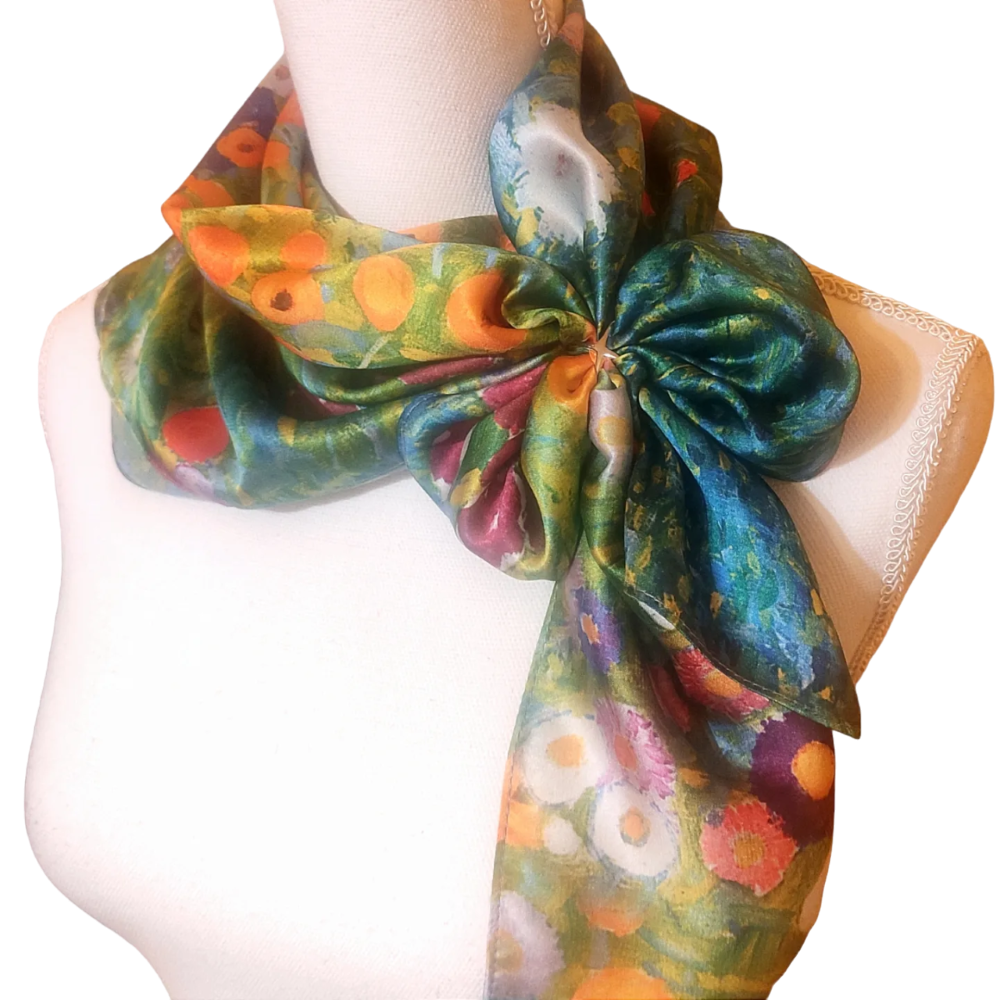 Esarfa patrata din matase, multicolora, camp cu flori diverse, 70 x 70 ...