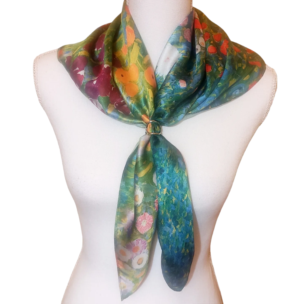 Esarfa patrata din matase, multicolora, camp cu flori diverse, 70 x 70 ...