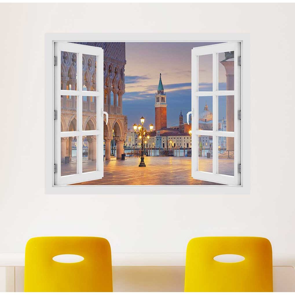 Sticker Fereastra cu efect 3D, Piata Sf. Marcu din Venetia, 119x93 cm ...