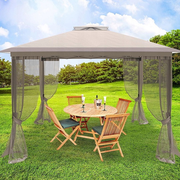Бежова павилионна шатра 3х3 м тип беседка със странични стени тип мрежа