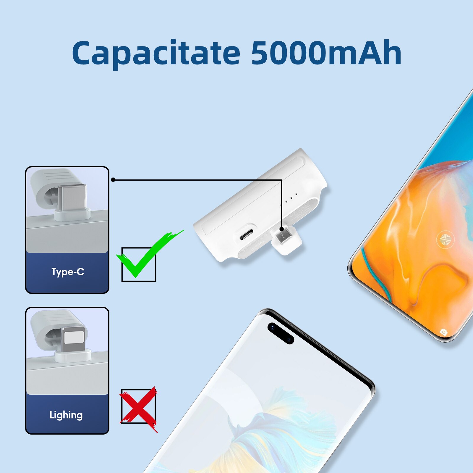 Acumulator extern JONKUU® 5000mAh, Mini, Suport pentru telefon, mufa ...