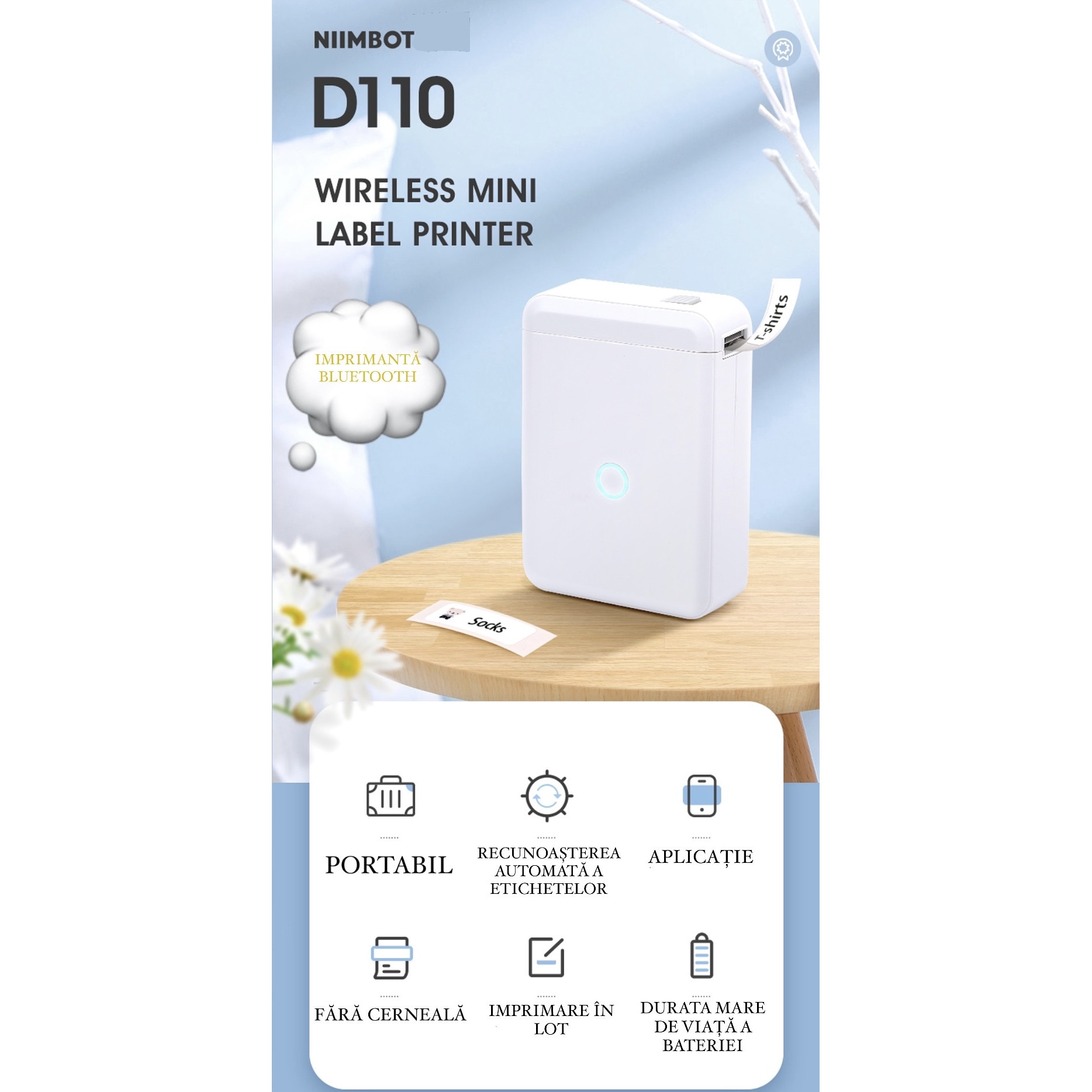 Mini imprimanta termica Niimbot D110, portabila, fara cerneala, cu fir ...