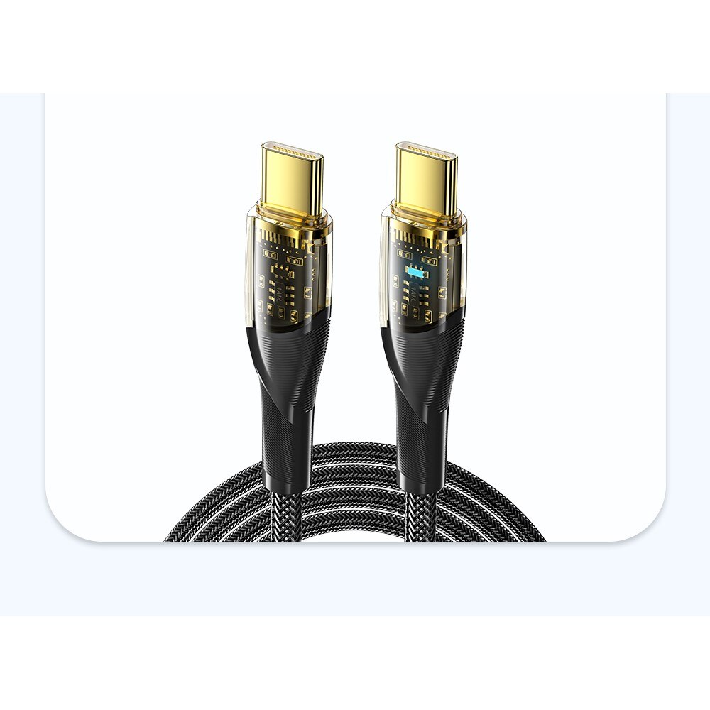 USB-C към USB-C LED кабел за данни, прозрачен, 100 W, 7 A, WARP зареждане, PD, QC4.0, FCP, черен ...