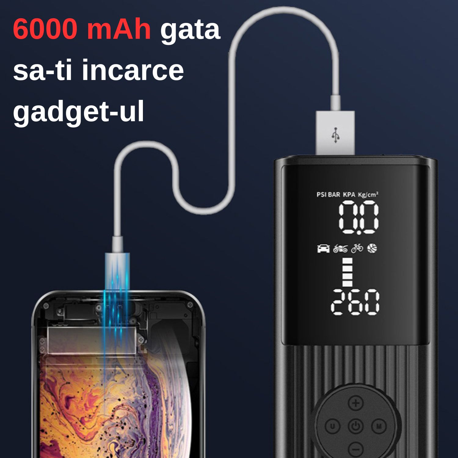 Compresor auto portabil cu acumulator 14.4v/6000mAh, Pentru umflat roti ...