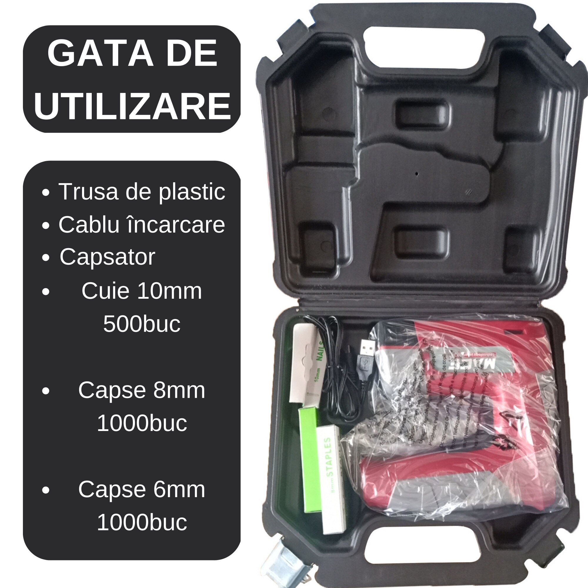Capsator cu acumulator 4.2 V 1500mAh, incluse cuie 10mm 500buc. capse ...