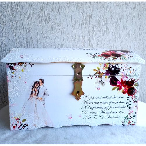 Cufar pentru dar nunta, din lemn, 40 x 28 x 24 cm, visiniu - eMAG.ro