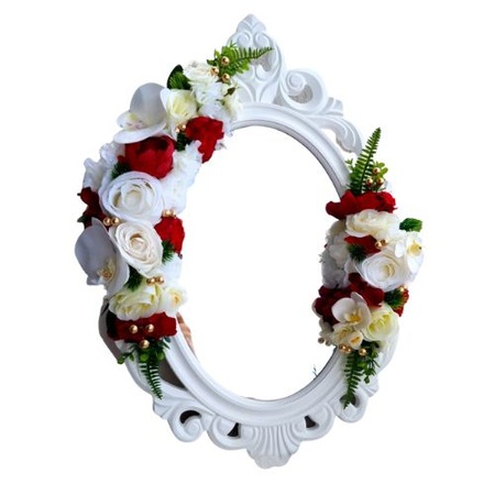 Oglinda miresei, decorata cu flori din matase si sapun, 60x40 cm, alb ...