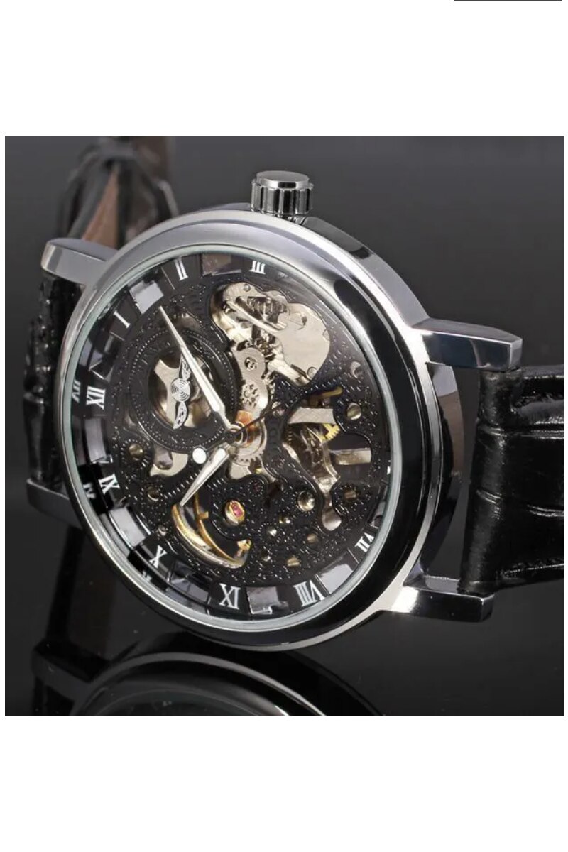 Ceas elegant, Winner, Mecanic, Skeleton, 3 ATM, Silver/Black - eMAG.ro