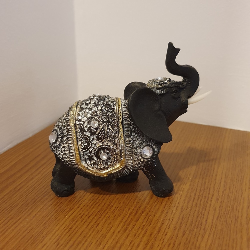 Statueta Elefant Feng Shui din polirasina cu cristale, negru si auriu ...