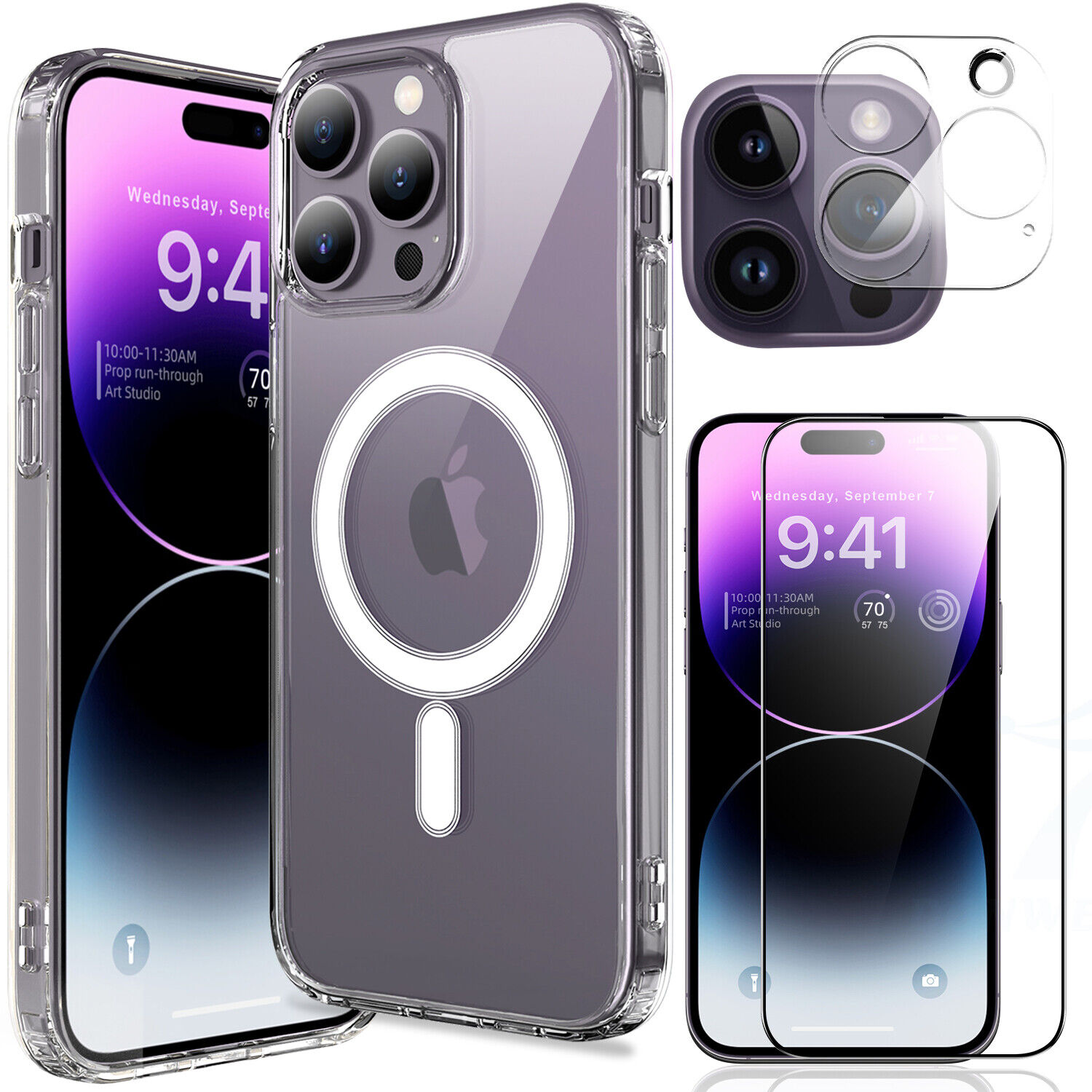 Set Husa tip MagSafe pentru iPhone 14 cu Folie Ecran si Camera 3 in 1 ...