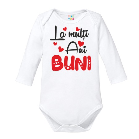 Body alb maneca lunga ''La multi ani buni'' 12-18 luni - eMAG.ro