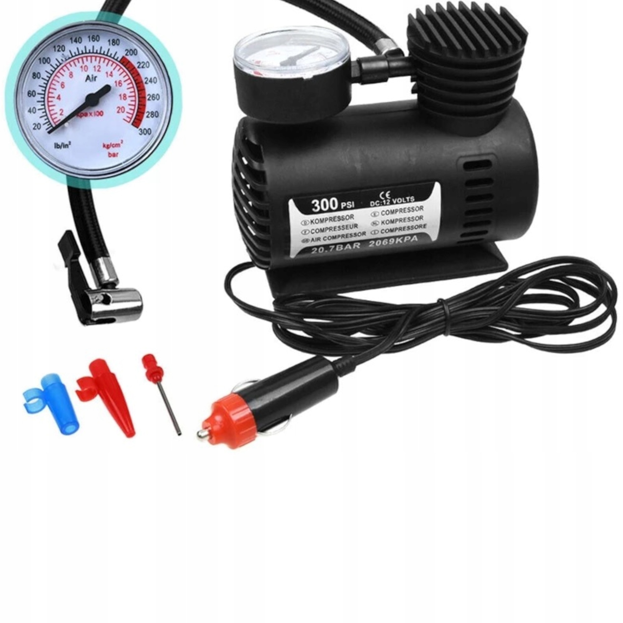 Compresor auto portabil, Cu 3 capete diferite, 20.7 bar, Negru - eMAG.ro