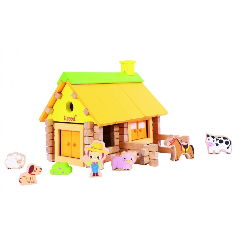 Set constructie pentru copii, Iwood, Model ferma, Lemn, 75 piese, 3 ...