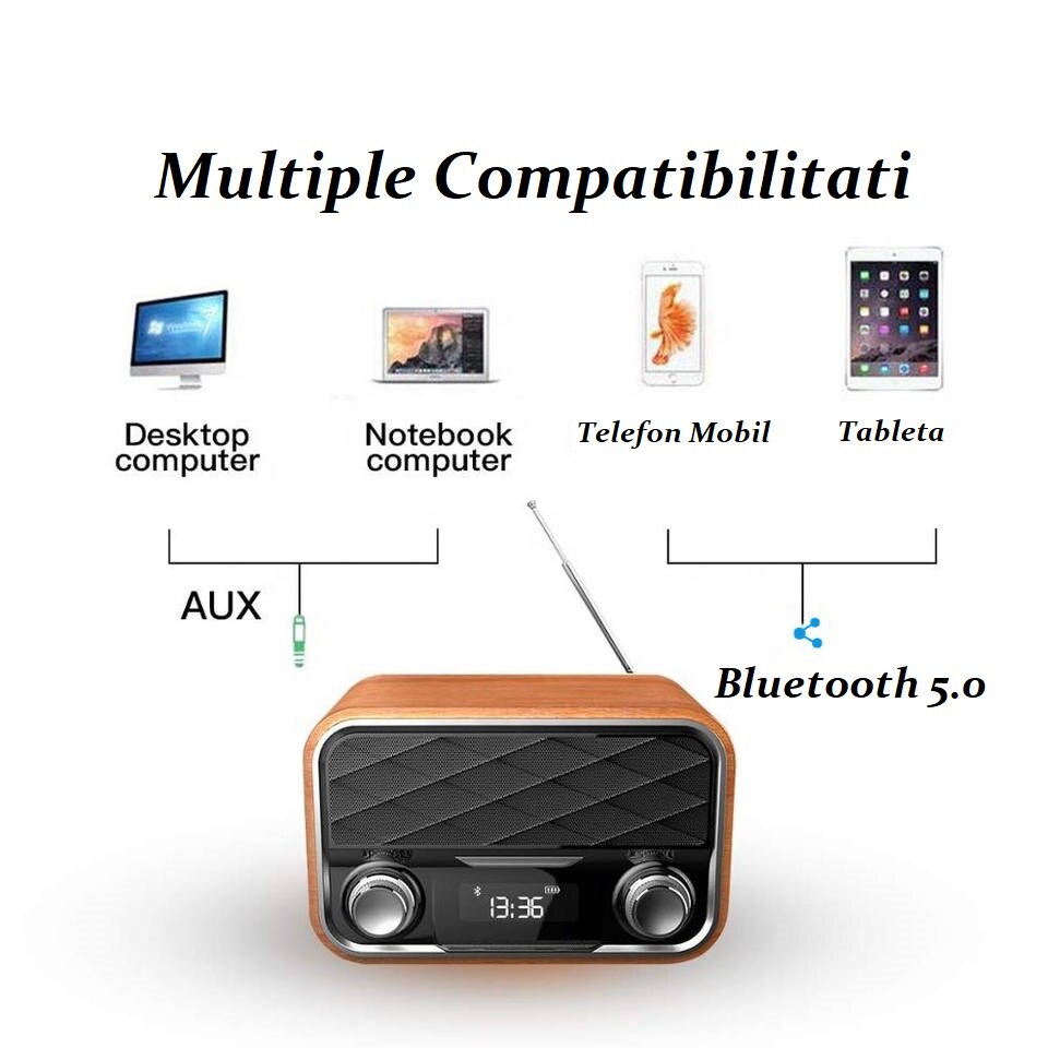 Radio Retro Portabil TNS, Bluetooth, USB, Aux, Card SD, Display LED ...