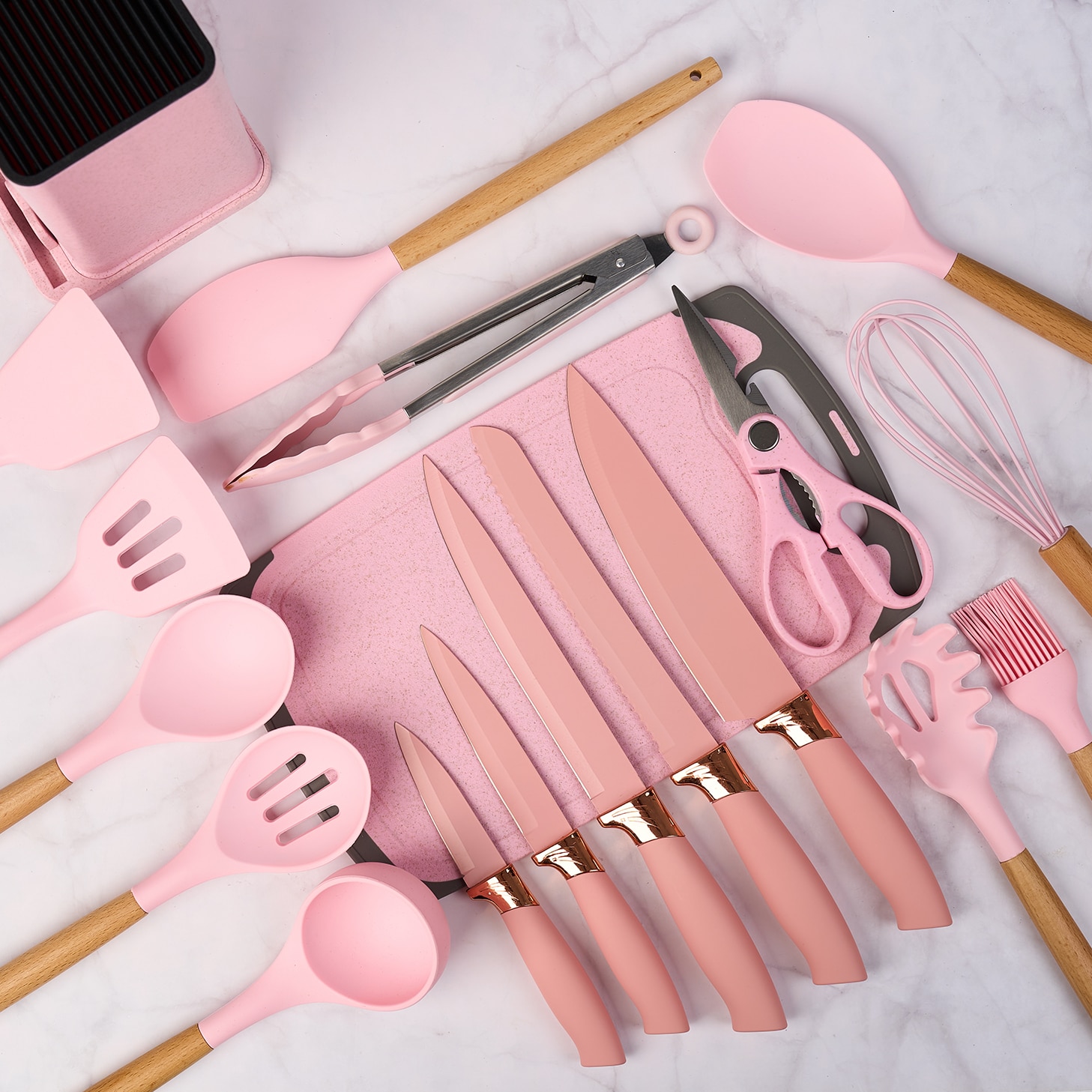 Set ustensile bucatarie 19 piese Lemn si Silicon alimentar, Cutite ...