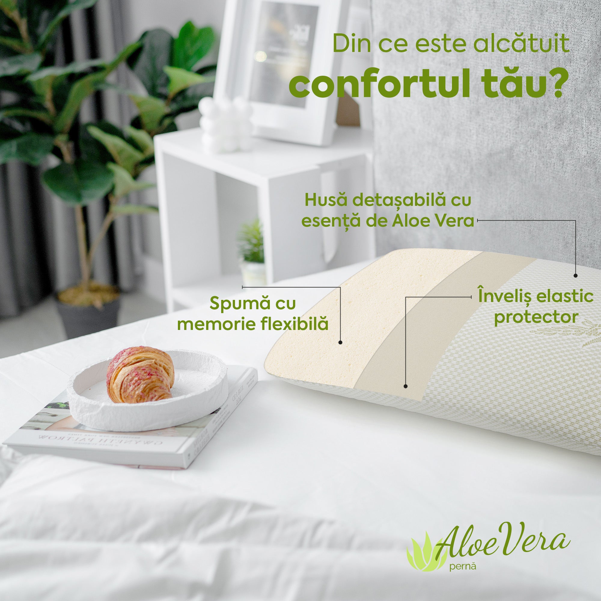 Perna Prestige, Aloe Vera Therapy, 60x40x15 cm, spuma cu memorie ...