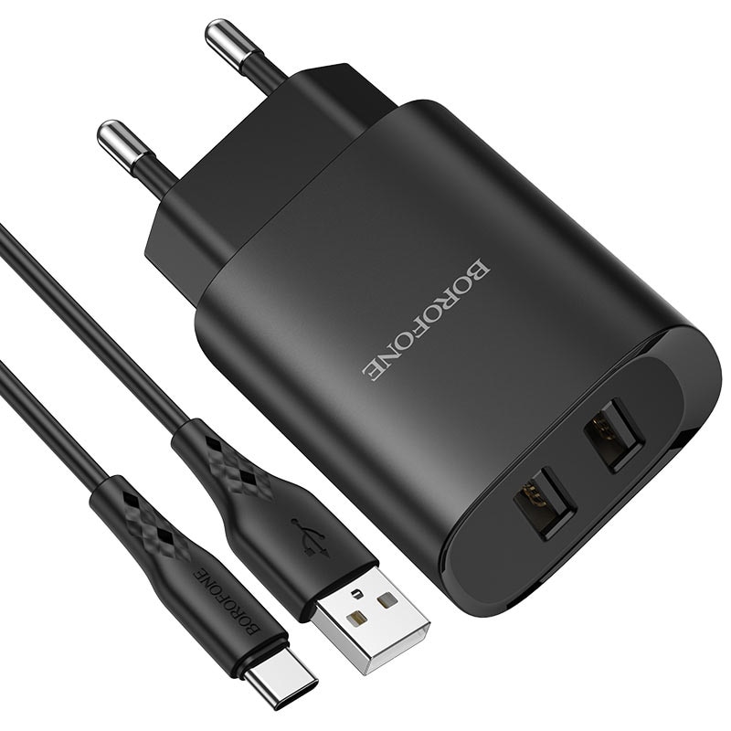 Incarcator Retea Borofone, BN2, 2.1A, 2 X USB, cablu Type-C, Negru ...