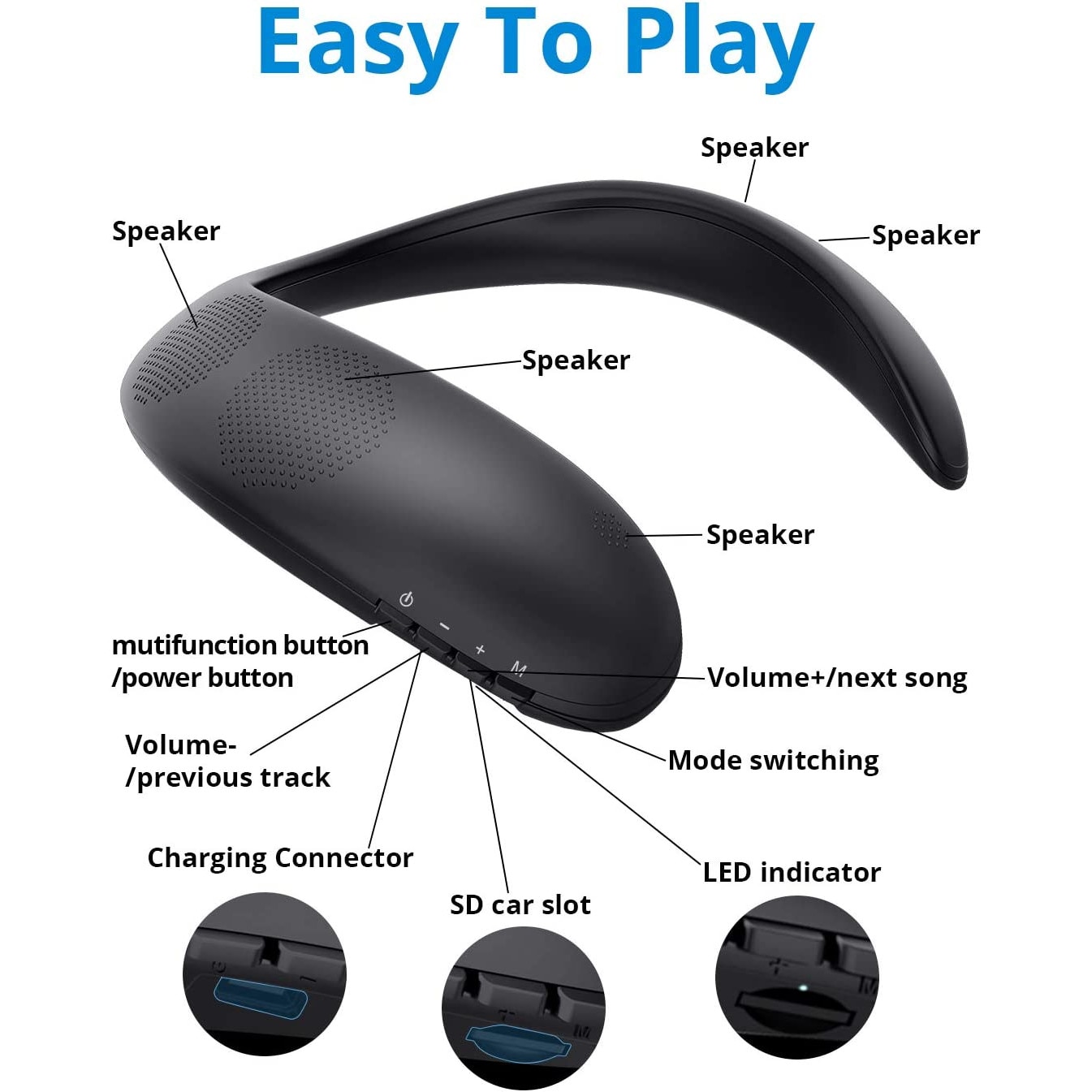 Boxe portabile pentru gat, Bluetooth 5.0, Hands free, Negru - eMAG.ro