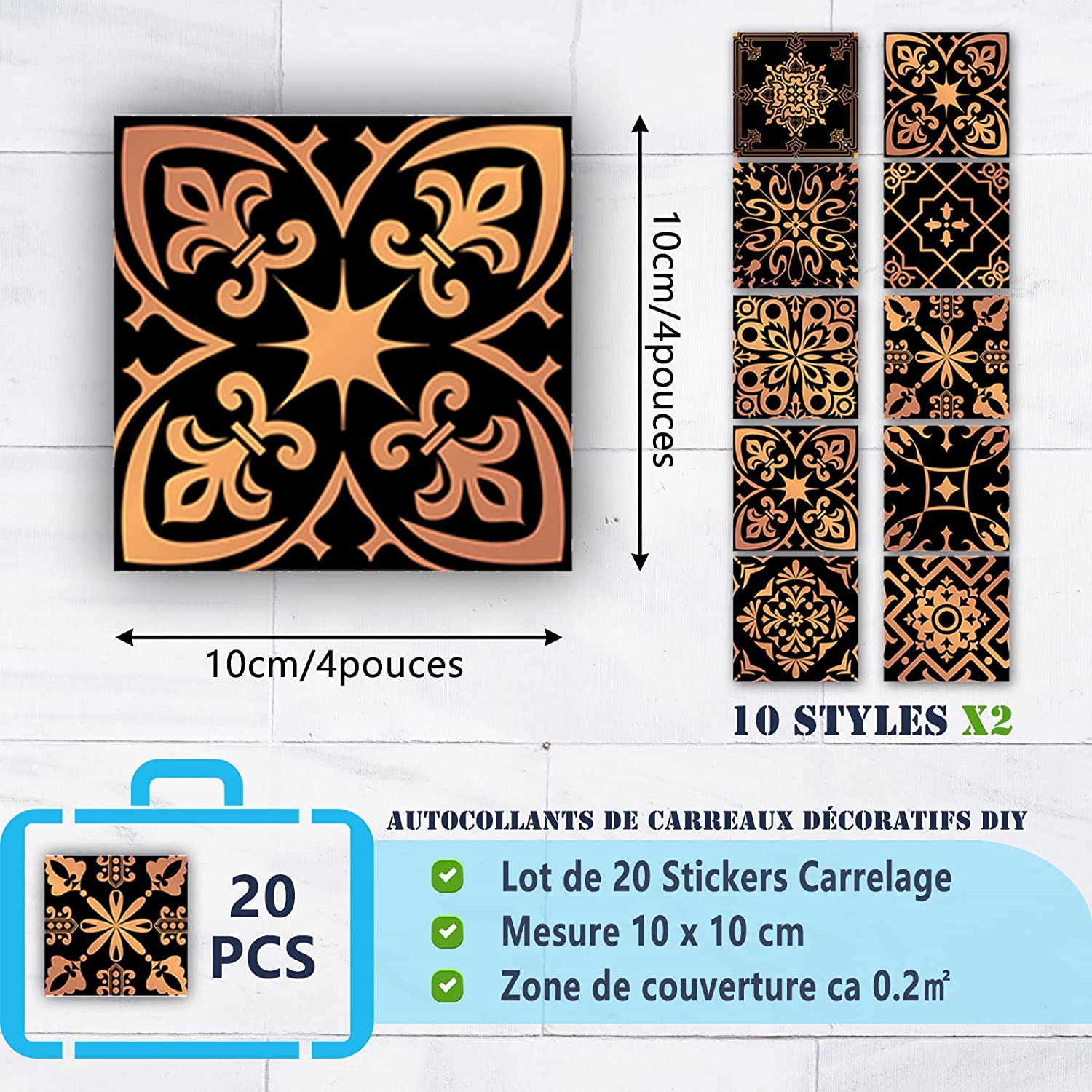 Autocolante decorative placi ceramice, PVC, 10x10 cm, Negru/Auriu - eMAG.ro