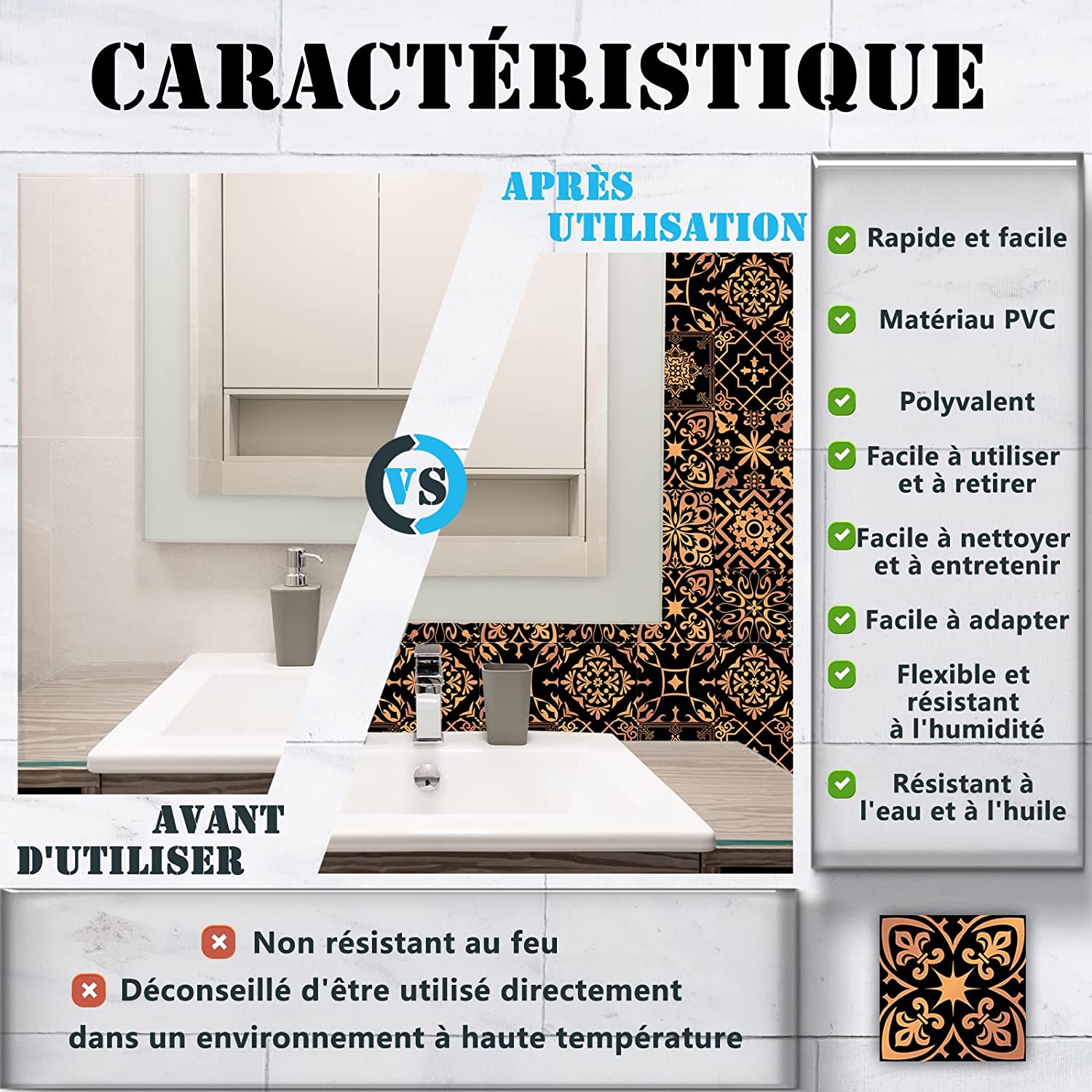 Autocolante decorative placi ceramice, PVC, 10x10 cm, Negru/Auriu - eMAG.ro