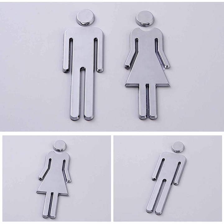 Set 2 semne pentru usa toaleta, ABS, 12 cm, Argintiu - eMAG.ro