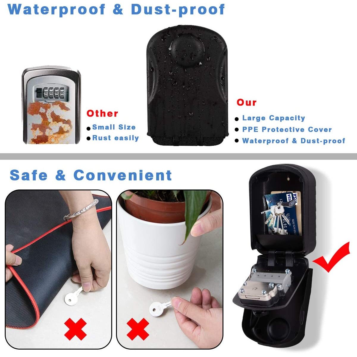 Seif pentru chei cu 4 coduri de urgenta cu cheie, Impermeabil, 10000 ...