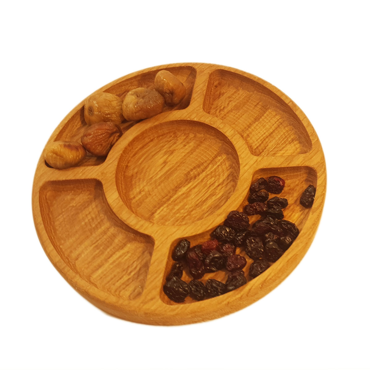 Platou de servire rotund cu 5 compartimente din lemn masiv de stejar ...