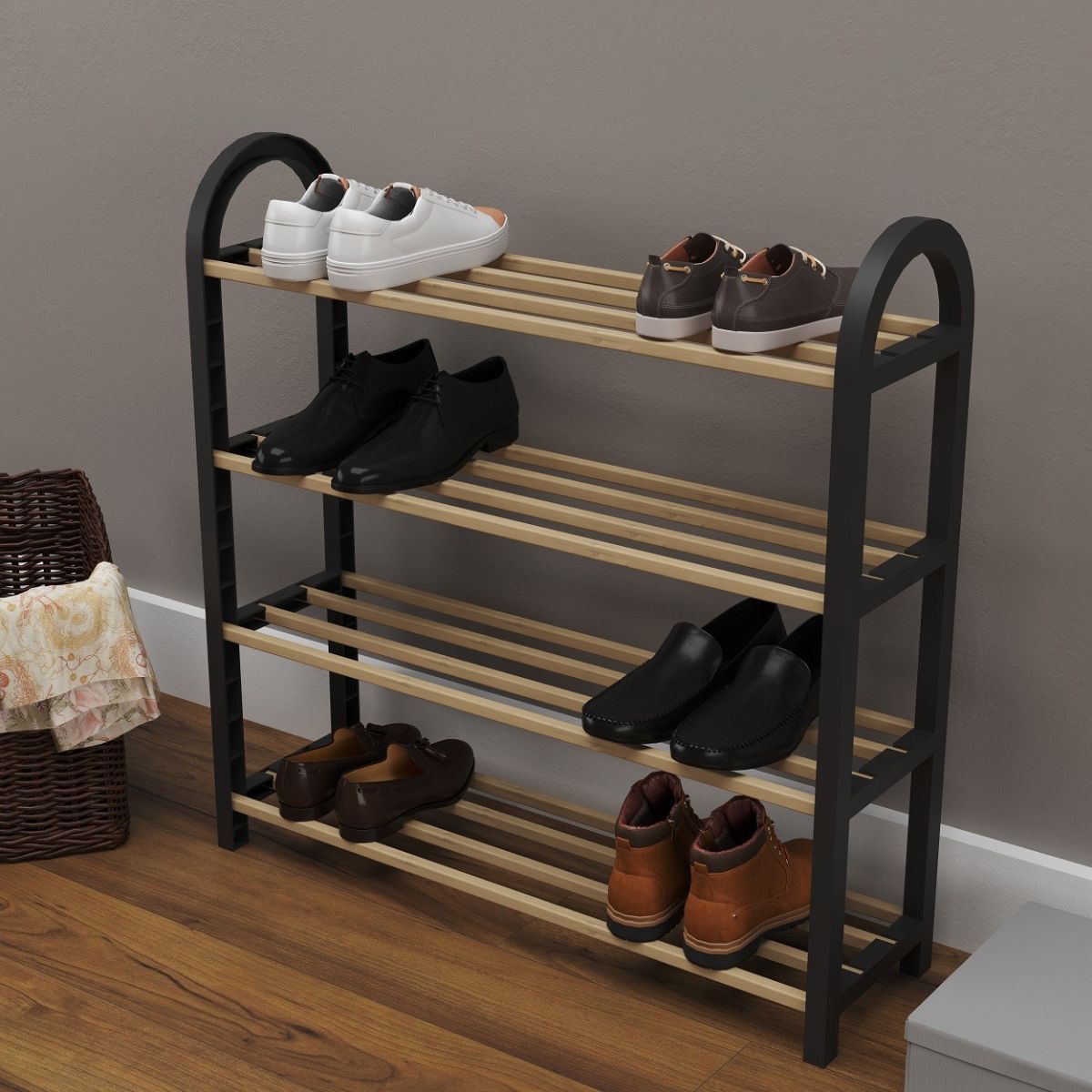 Suport cu 4 rafturi, din lemn si plastic, pentru incaltaminte, 64 x 18 ...