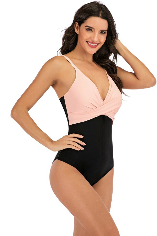 Дамски цял бански костюм, класически с шик кройка, нежен десен, размер М, розово и черно, EFAYN ...